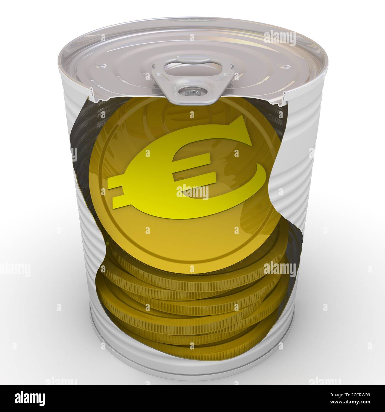 Coins in a tin. Gold coins of the European currency inside a tin can ...