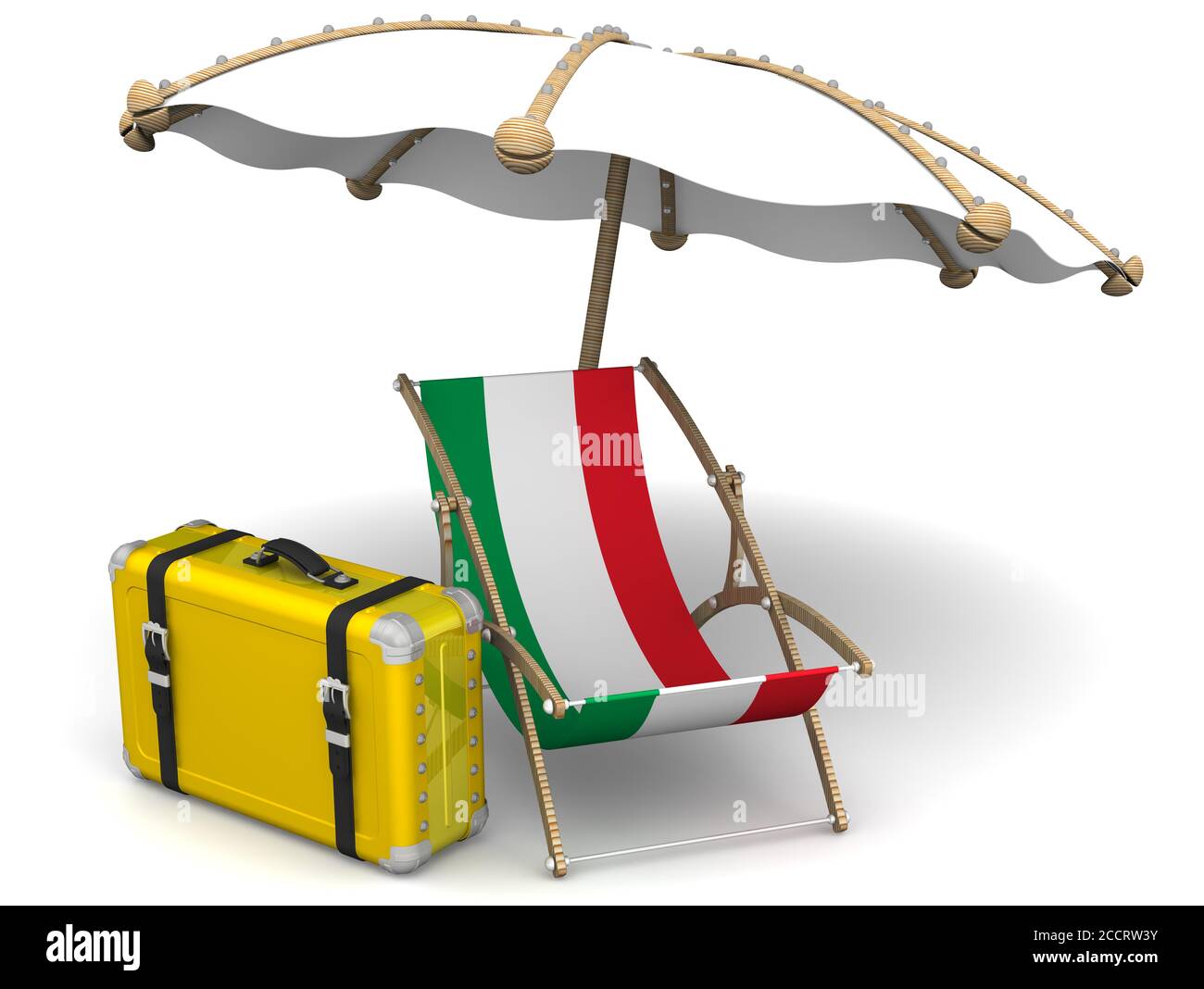 Holiday in Italy. Empty sunbed with a flag of Italy and an umbrella on ...
