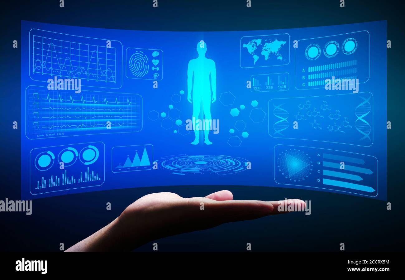 Scientist holding virtual screen with human hologram and biotech data ...