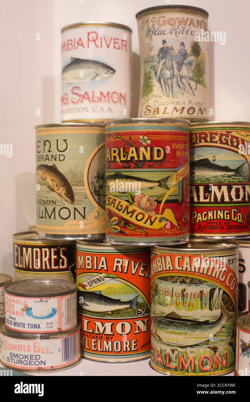 Old cans of salmon, tuna, and sturgeon Stock Photo - Alamy