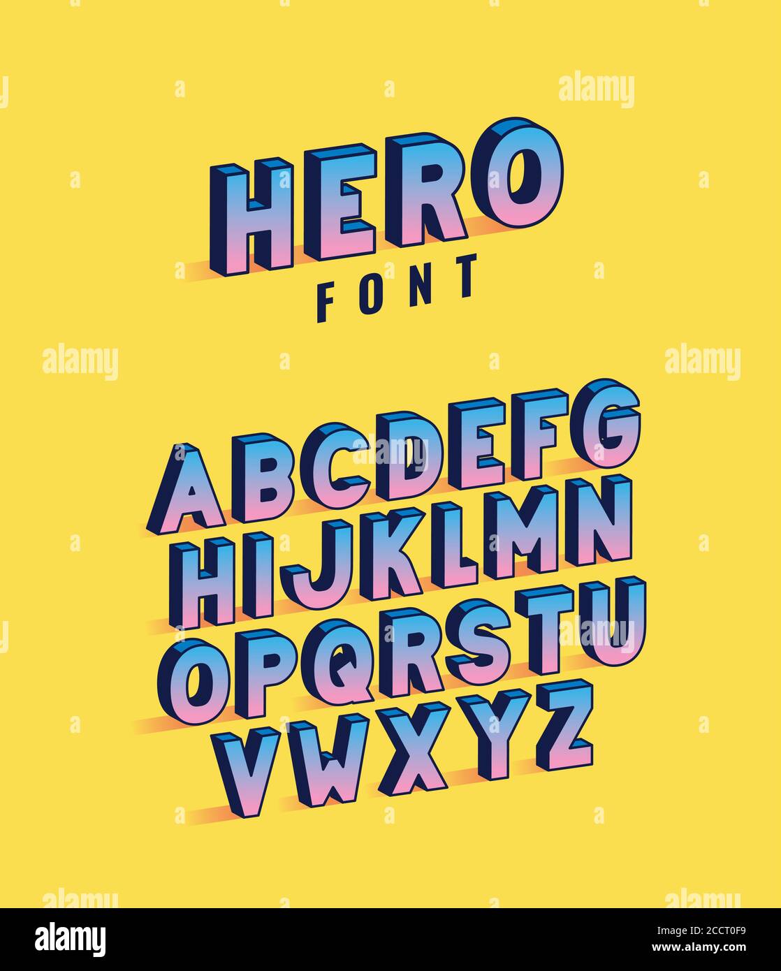 hero font lettering with alphabet on yellow background design ...