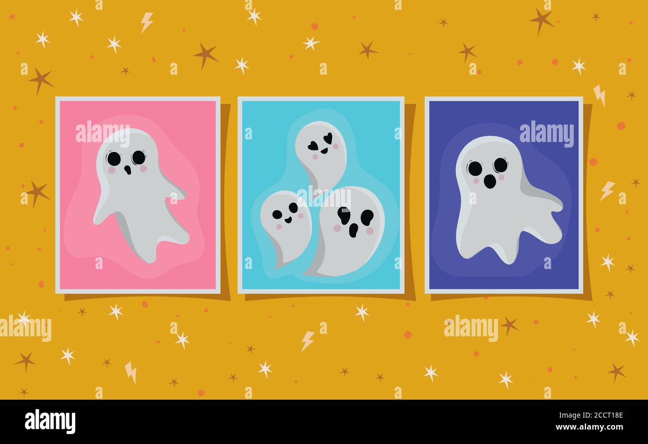 Halloween ghosts cartoons in frames design, Holiday and scary theme ...