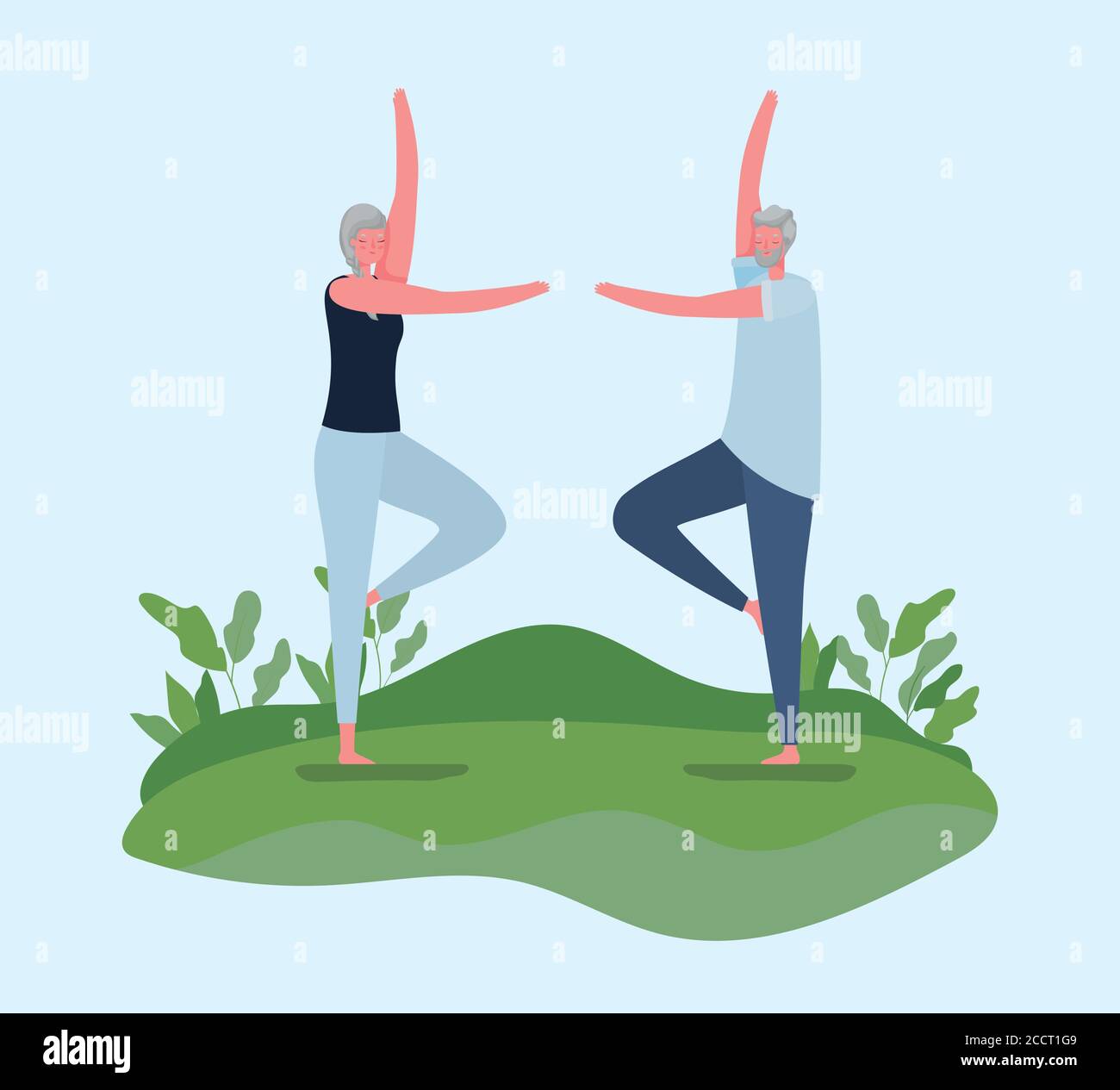 Senior woman and man cartoons doing yoga at park design, Activity theme ...