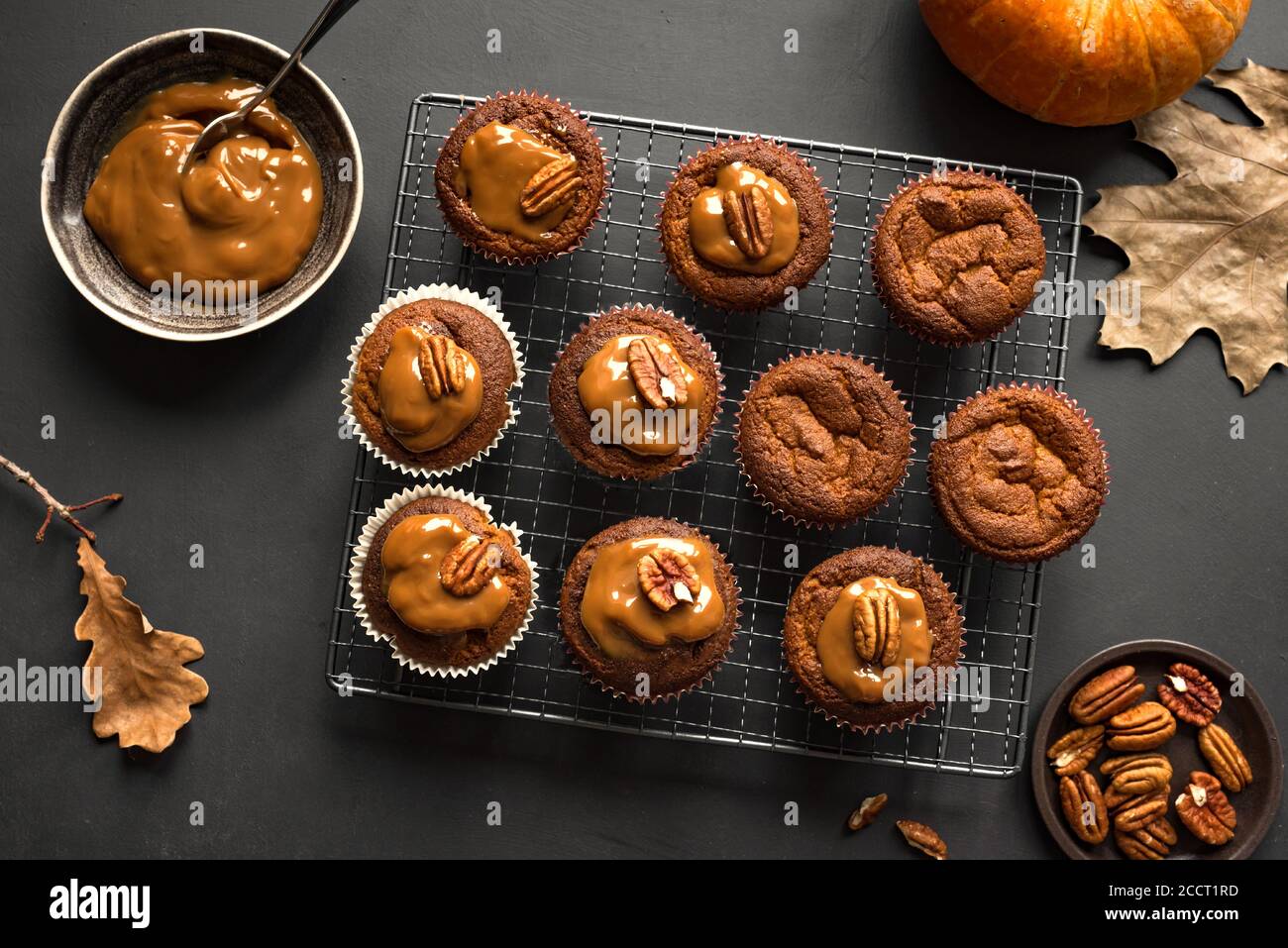 Autumn baking concept. Homemade Pumpkin Spice Muffins with Salted ...