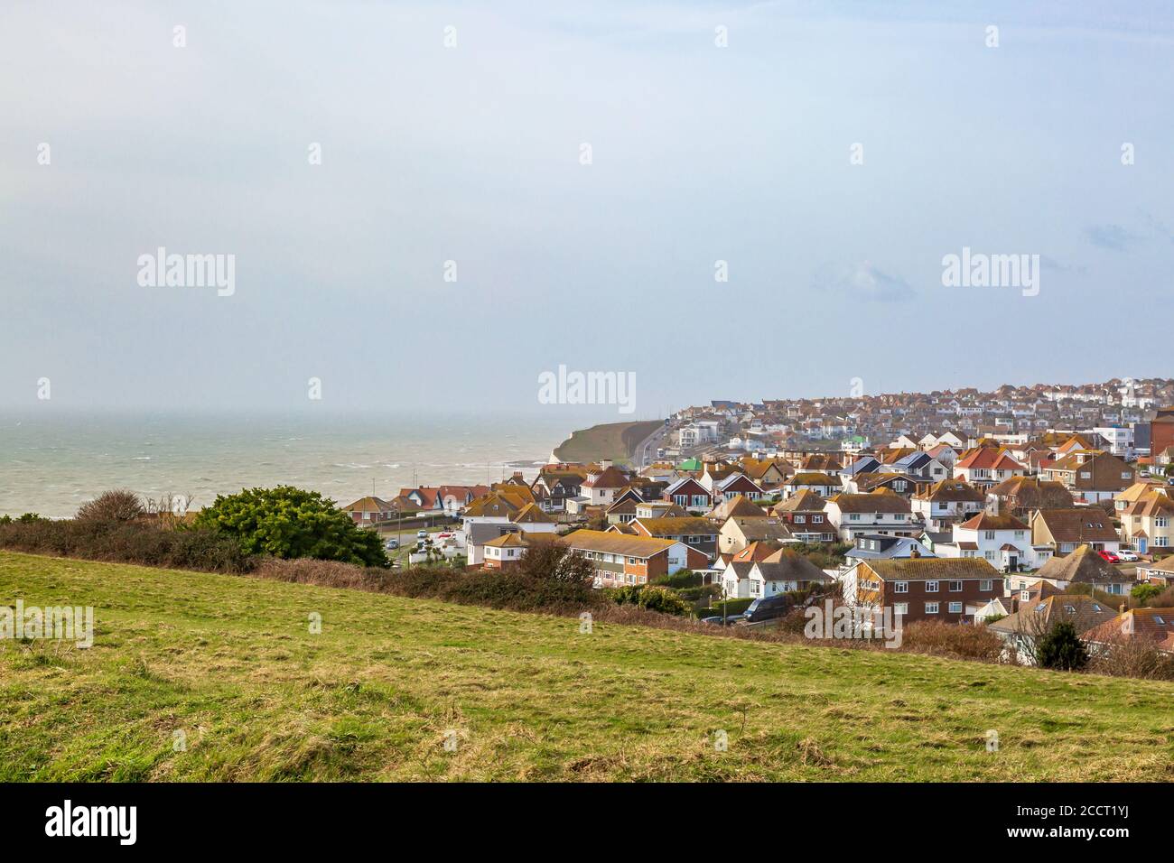 Looking out over the town of Saltdean in Sussex, with the English ...