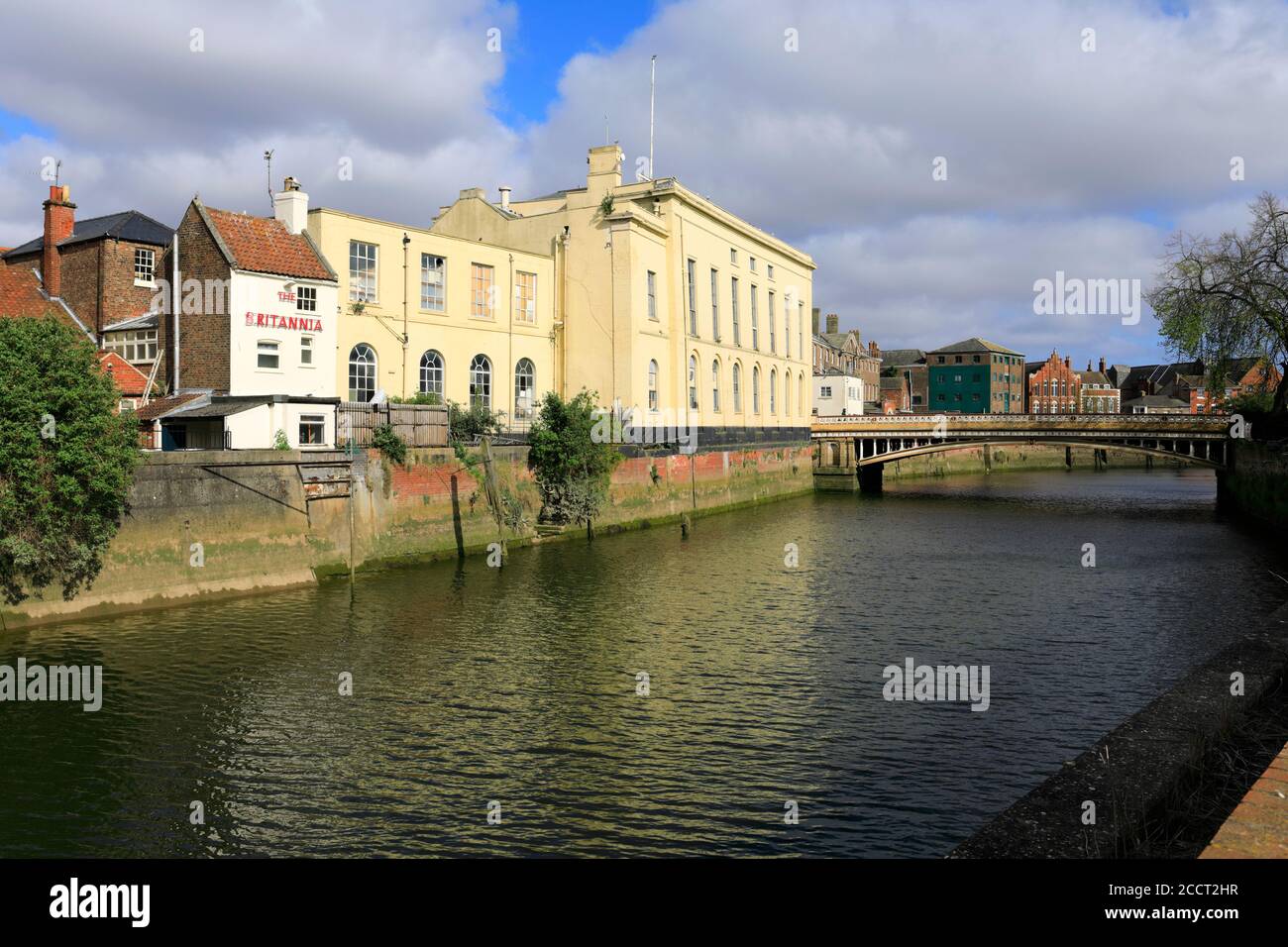 View of the Assembly Rooms and town bridge, river Witham, Boston town ...