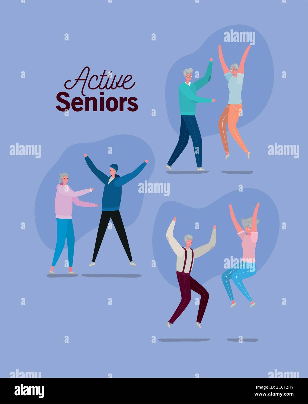 Set of active seniors woman and man cartoons on purple background ...
