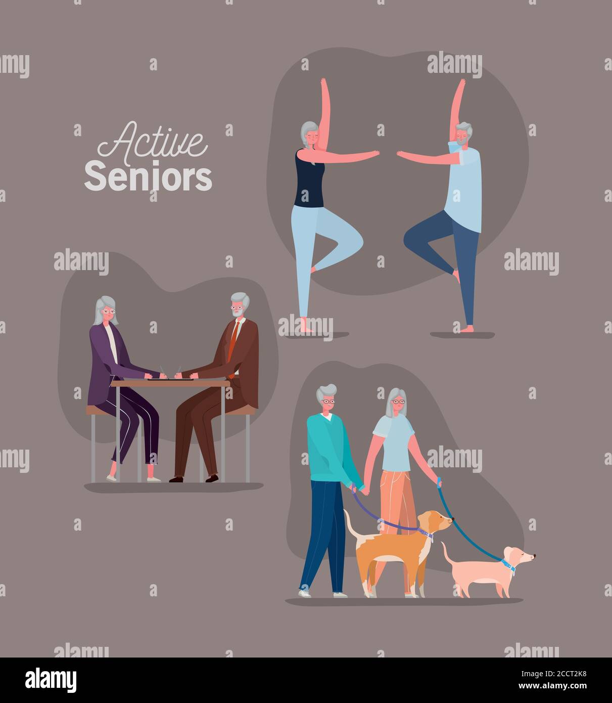 Set of active seniors woman and man cartoons on brown background design ...