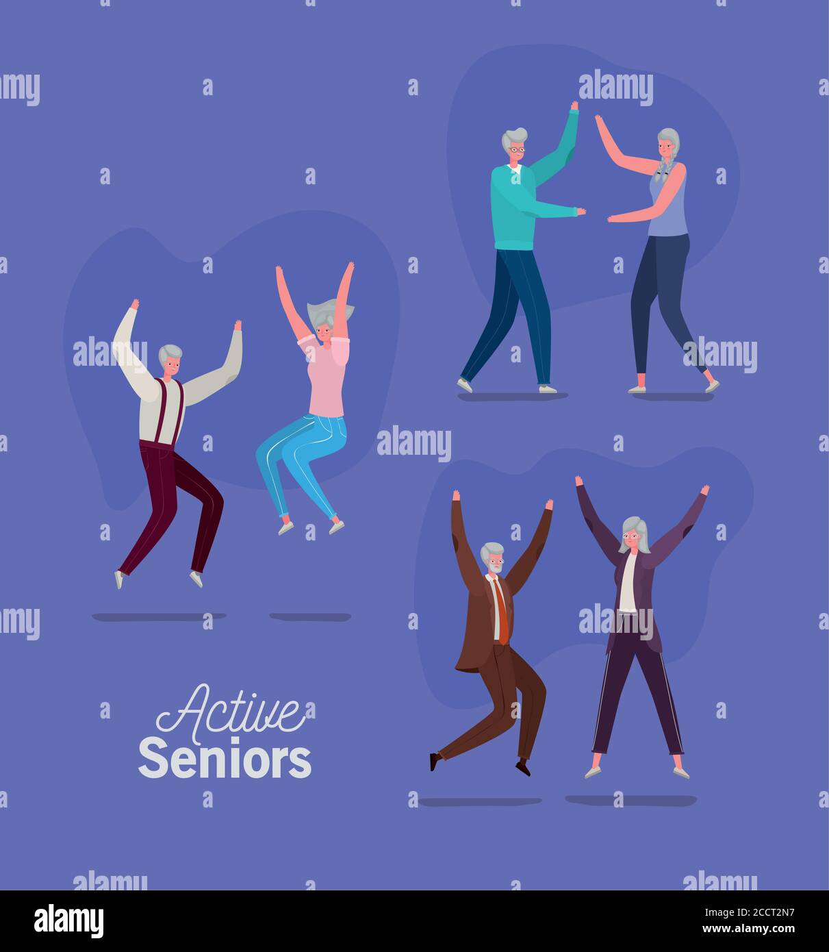 Set of active seniors woman and man cartoons on purple background ...