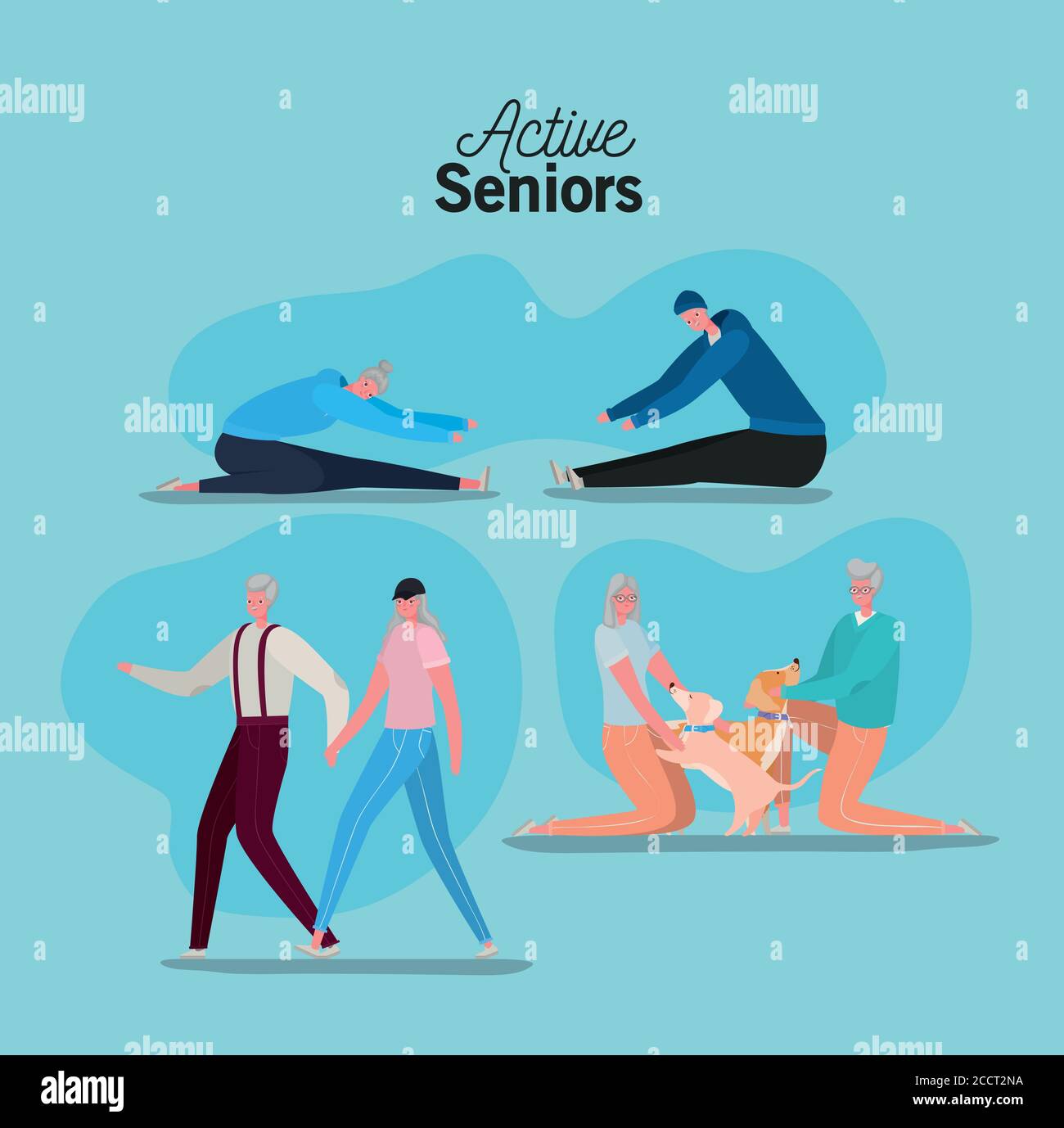 Set of active seniors woman and man cartoons on blue background design ...