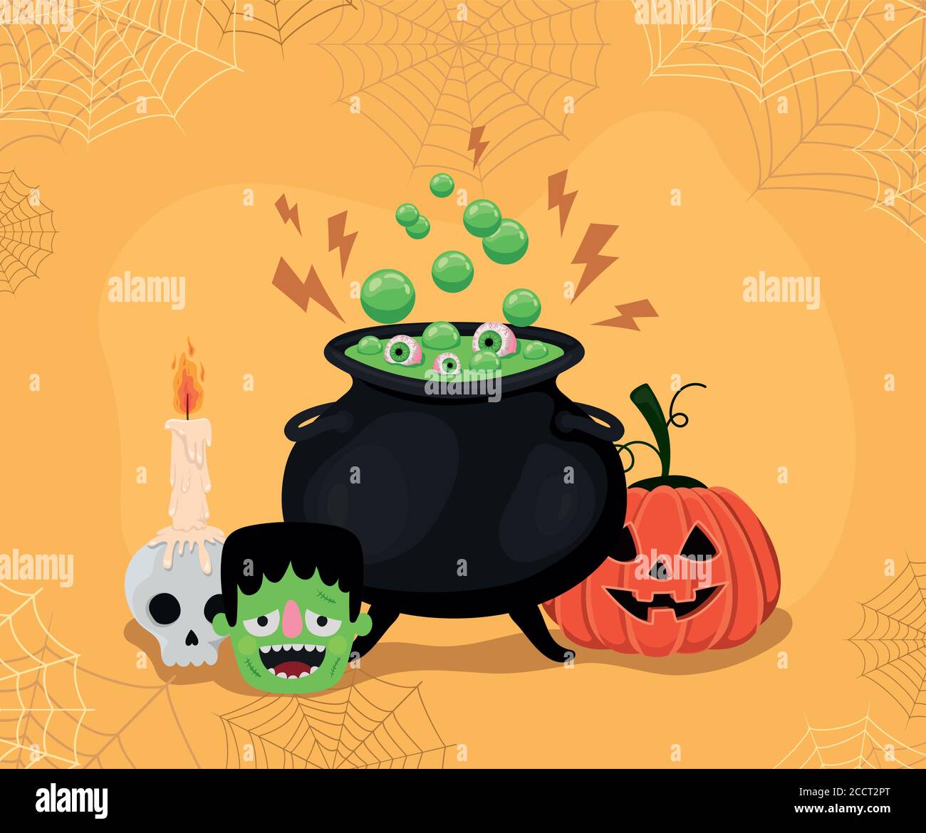 Halloween pumpkin frankenstein cartoons and witch bowl with spiderwebs ...