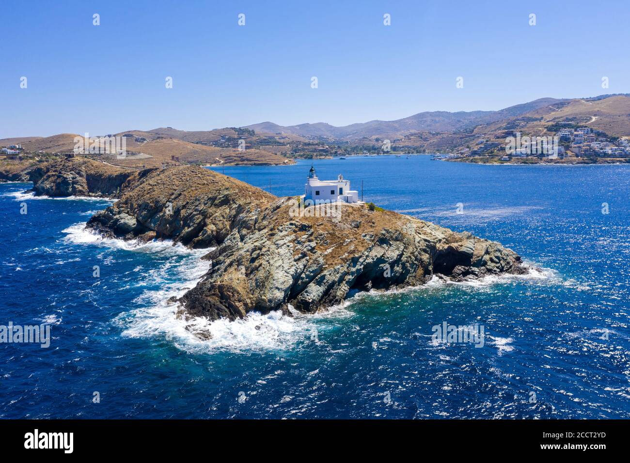 Kea Tzia island, Cyclades, Greece. Aerial drone view of lighthouse ...