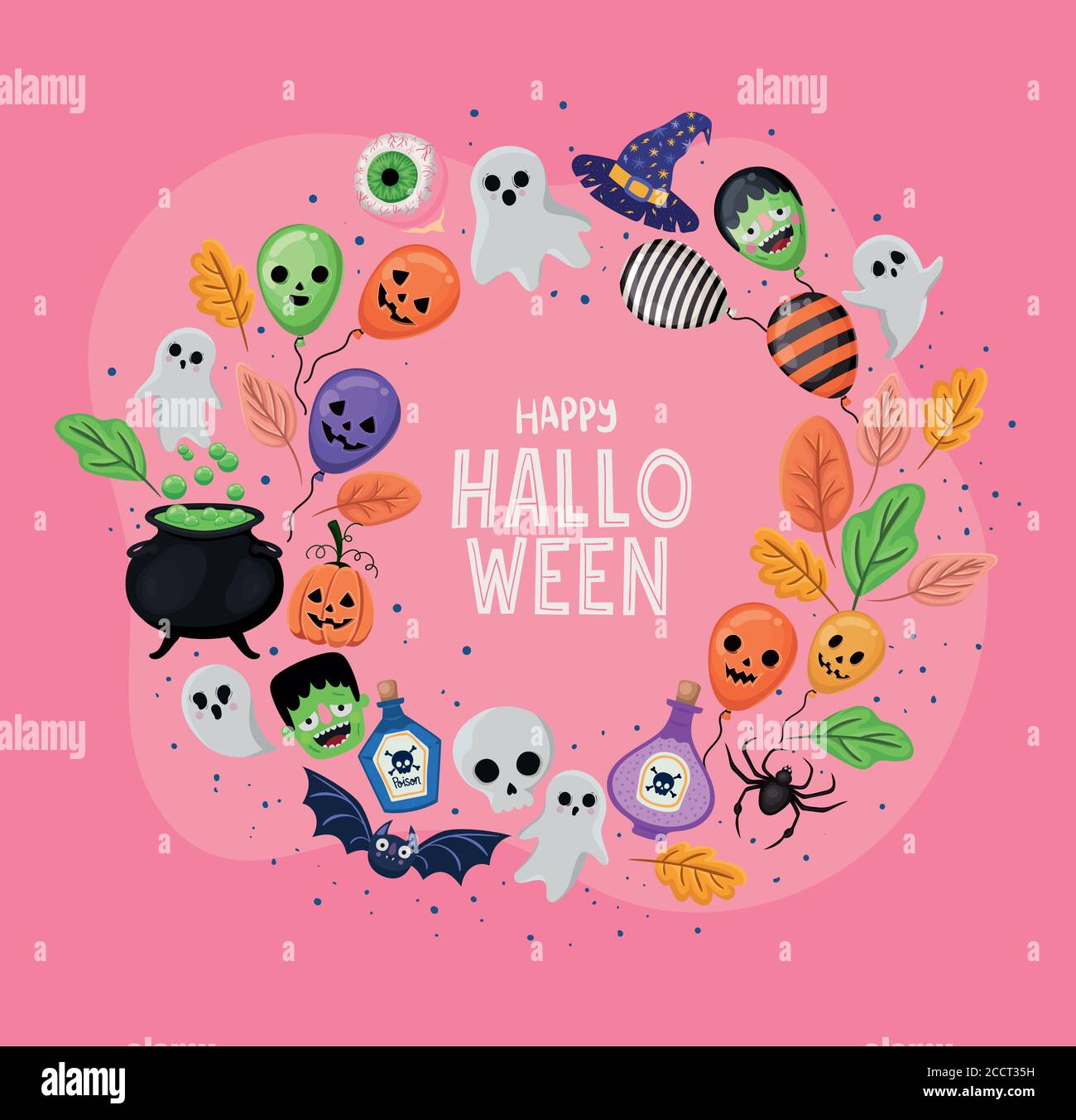 Halloween balloons and ghosts cartoons in circle shaped design, Holiday ...