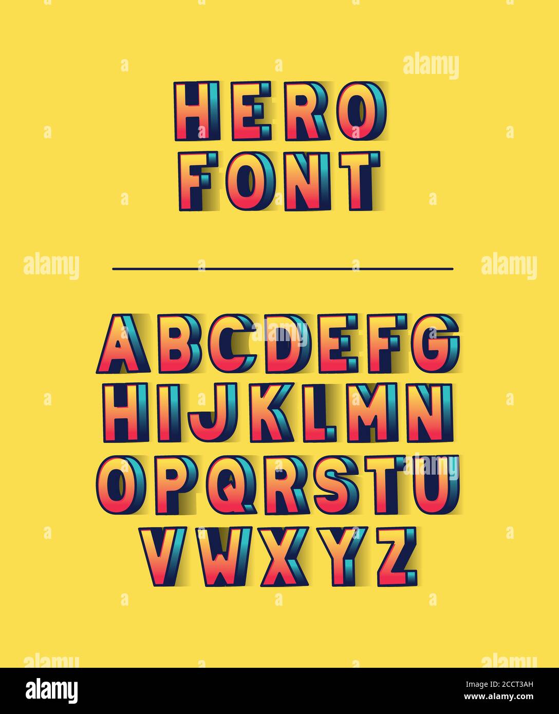 hero font lettering with alphabet on yellow background design ...