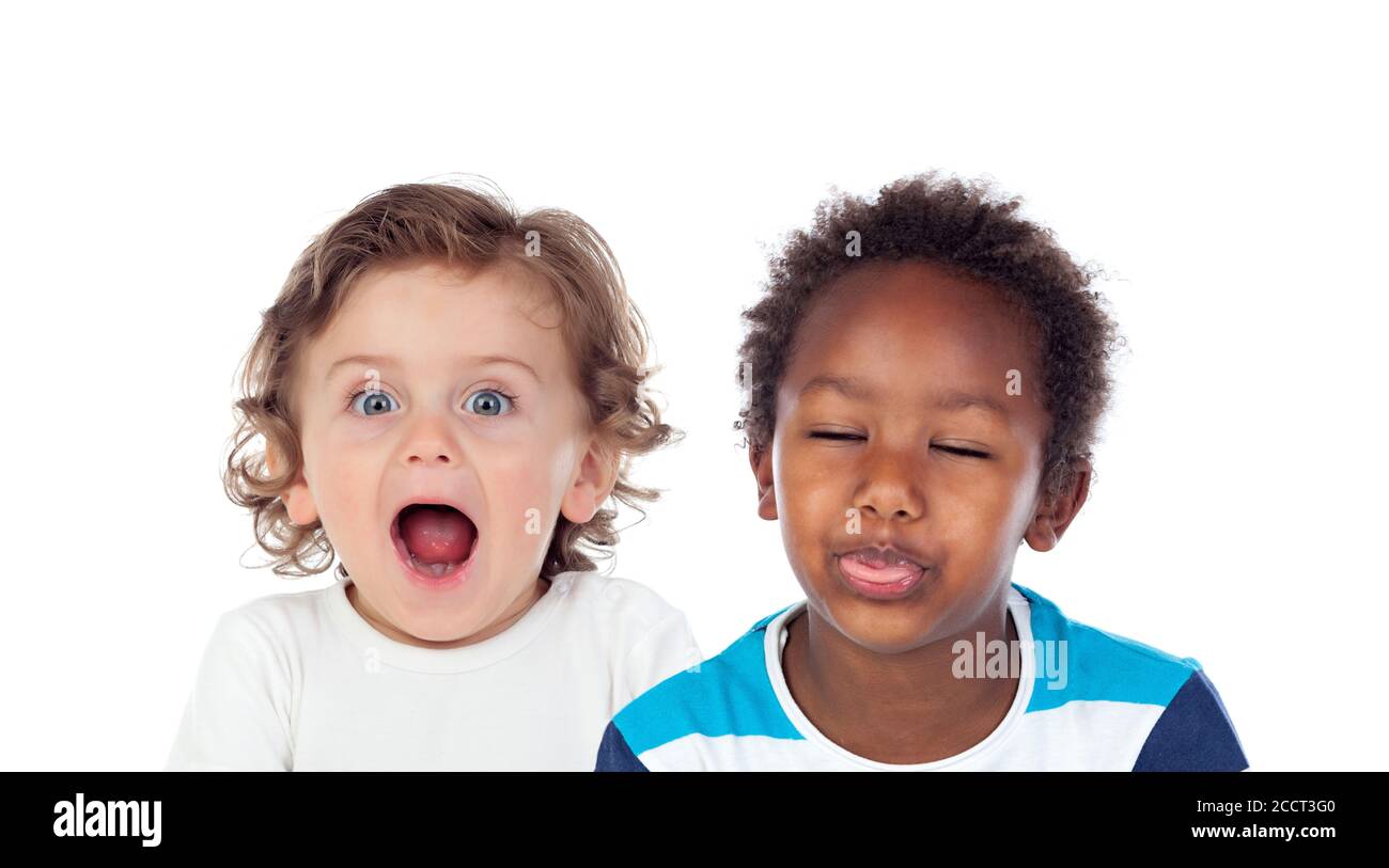 Child make fun of his classmate isolated on a white background Stock ...