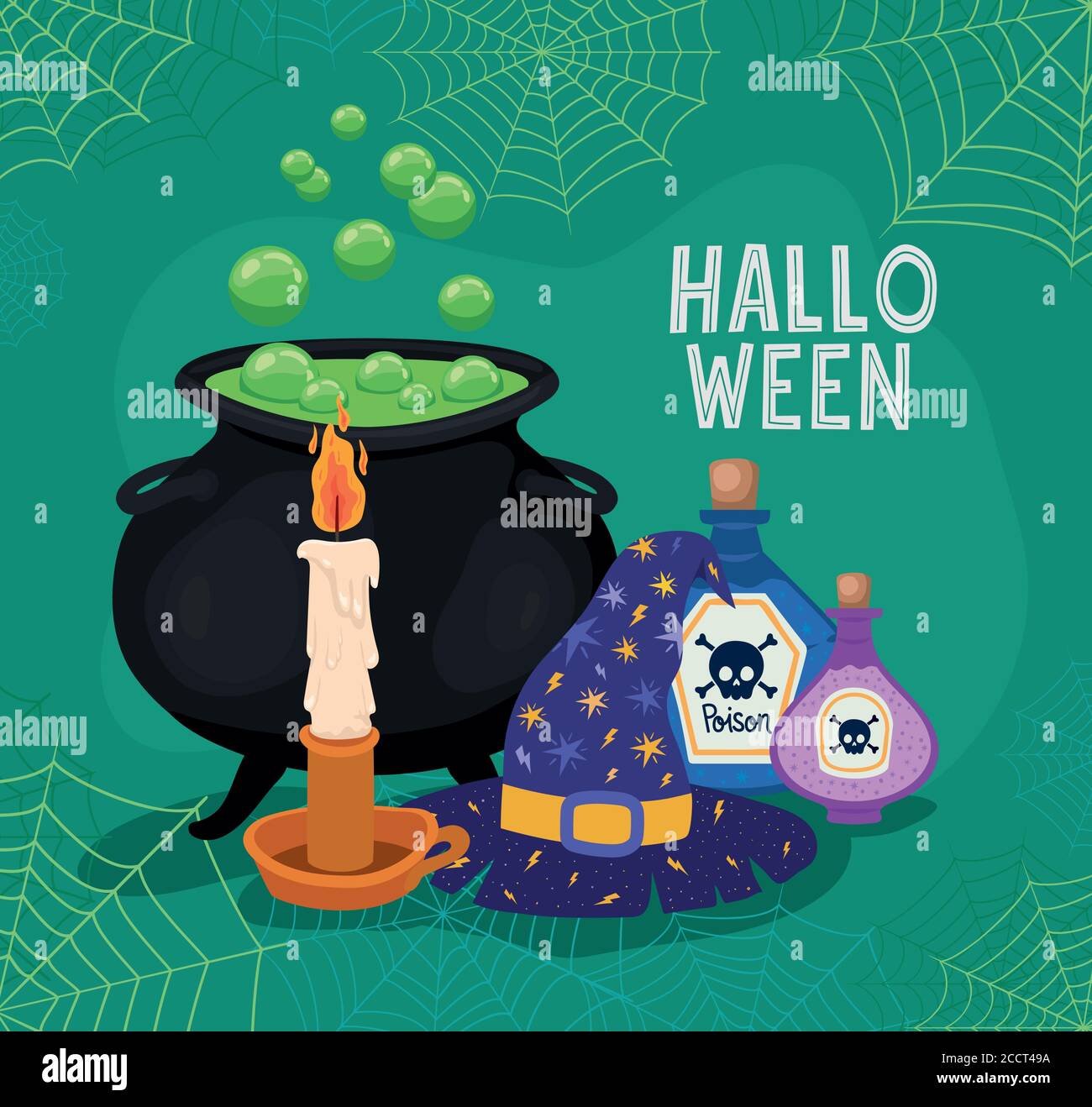 Halloween witch bowl hat candle and poisons with spiderwebs frame ...