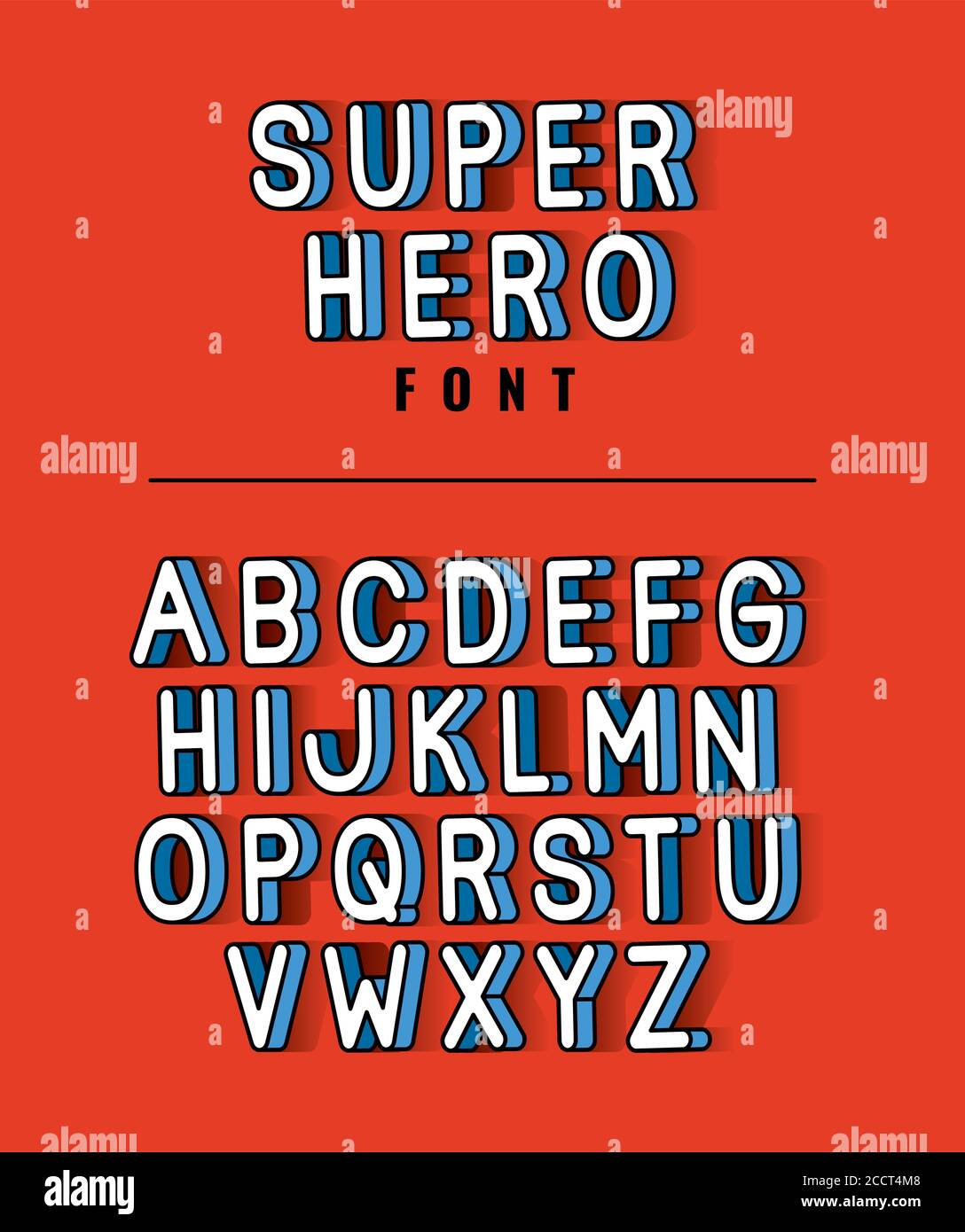 super hero font lettering with alphabet on red background design ...