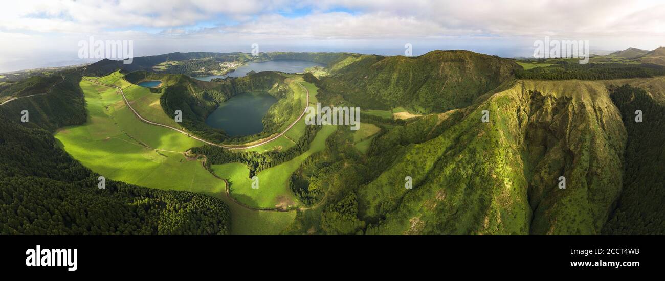 A panoramic aerial view of lakes of Sete Cidades from the Miradouro da ...