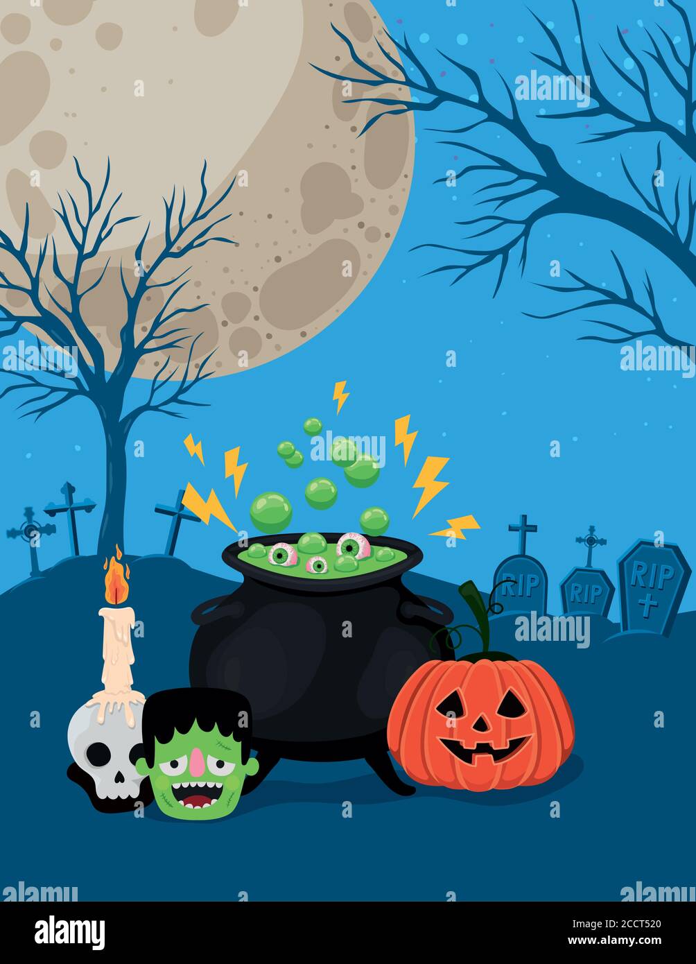 Halloween pumpkin frankenstein cartoons and witch bowl in front of ...