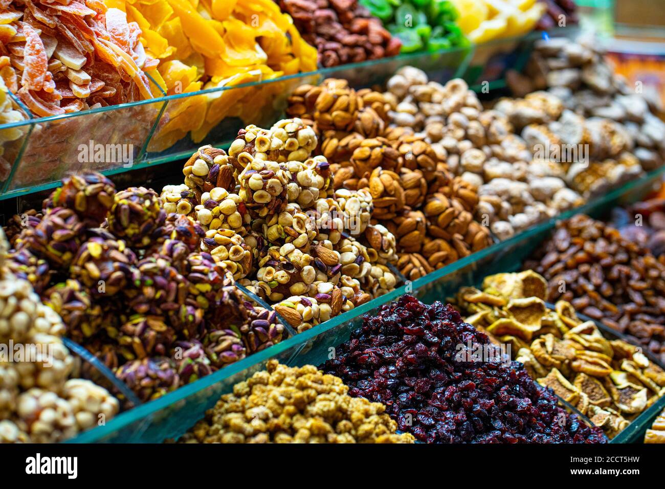 Various bright colored turkish delights sweets and dried fruits ...