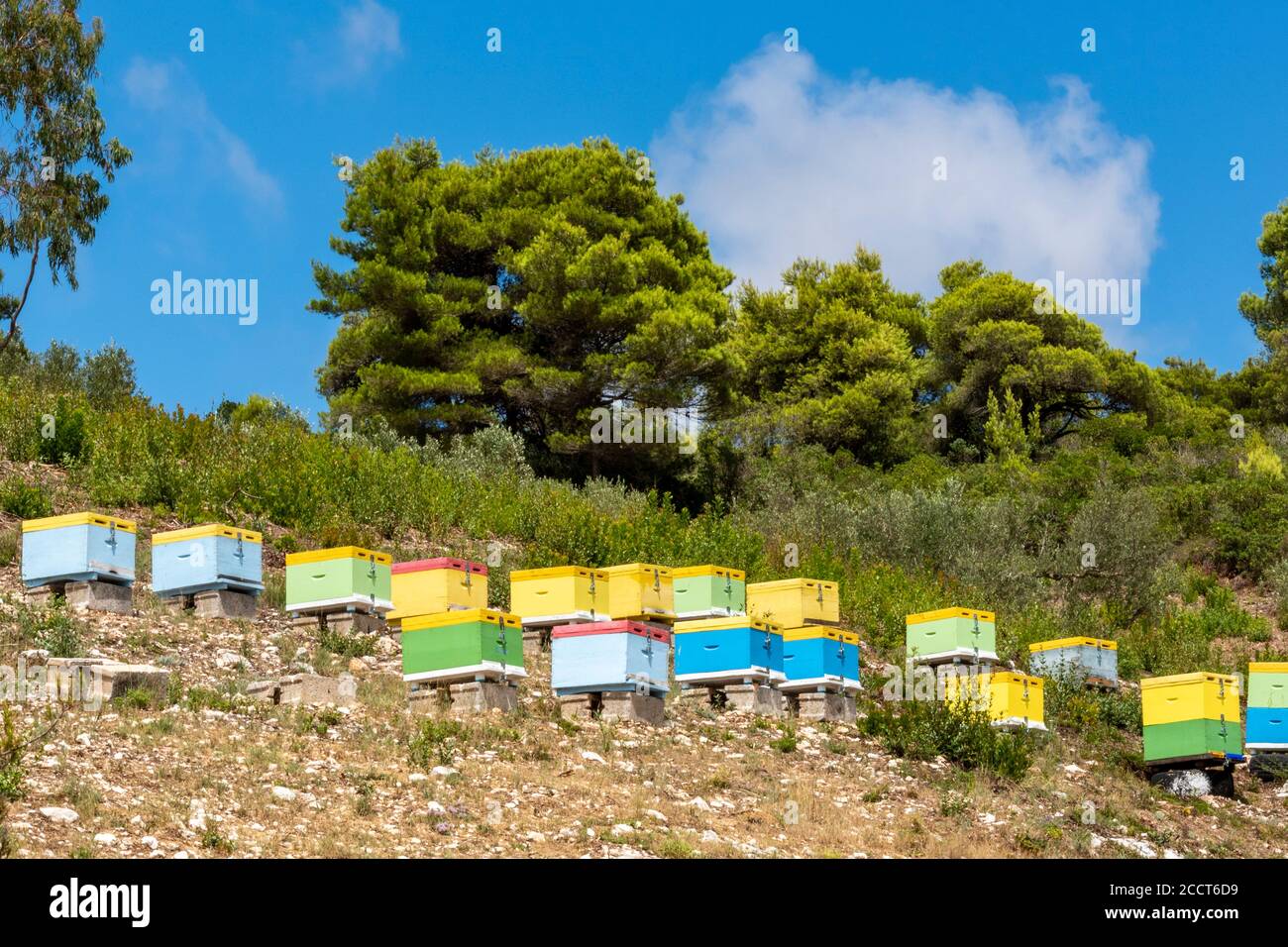 colourful painted beehives on a hillside on ther greek island of ...