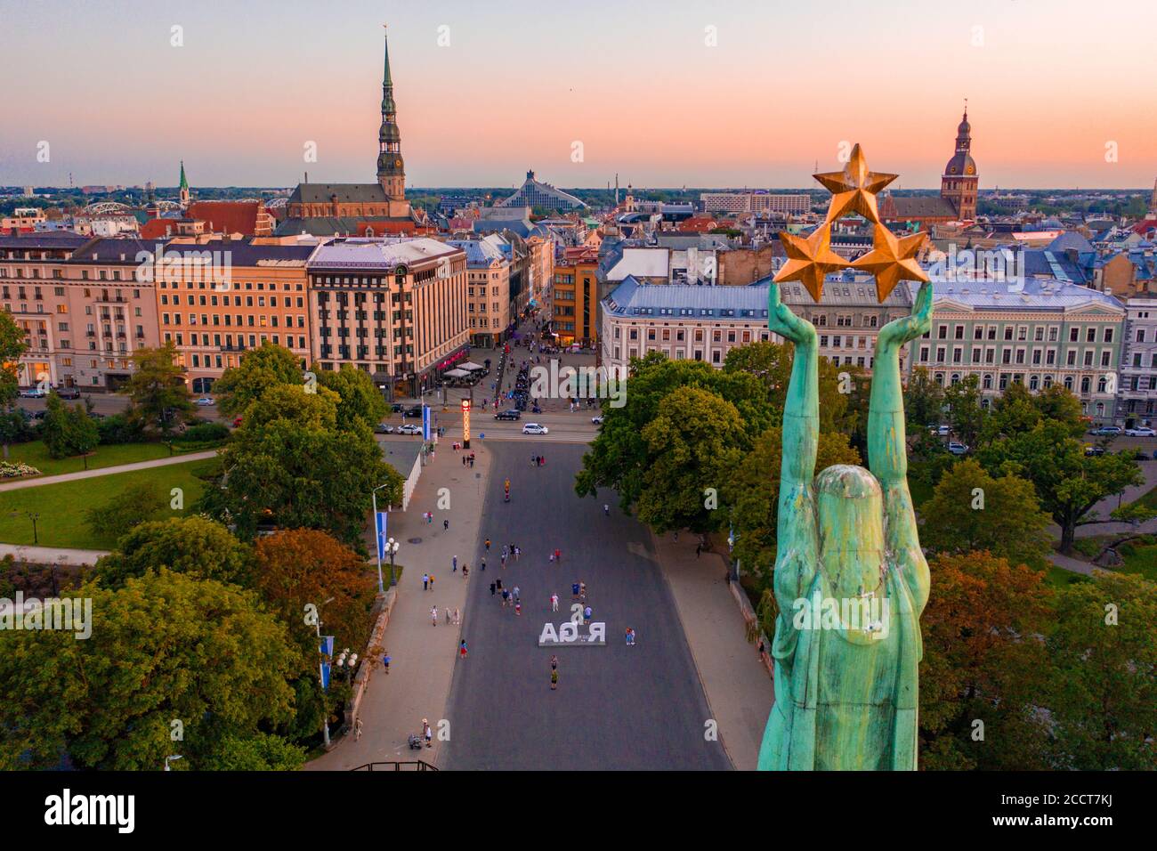 Amazing Aerial View of the Statue of Liberty Milda in Riga, Latv Stock ...