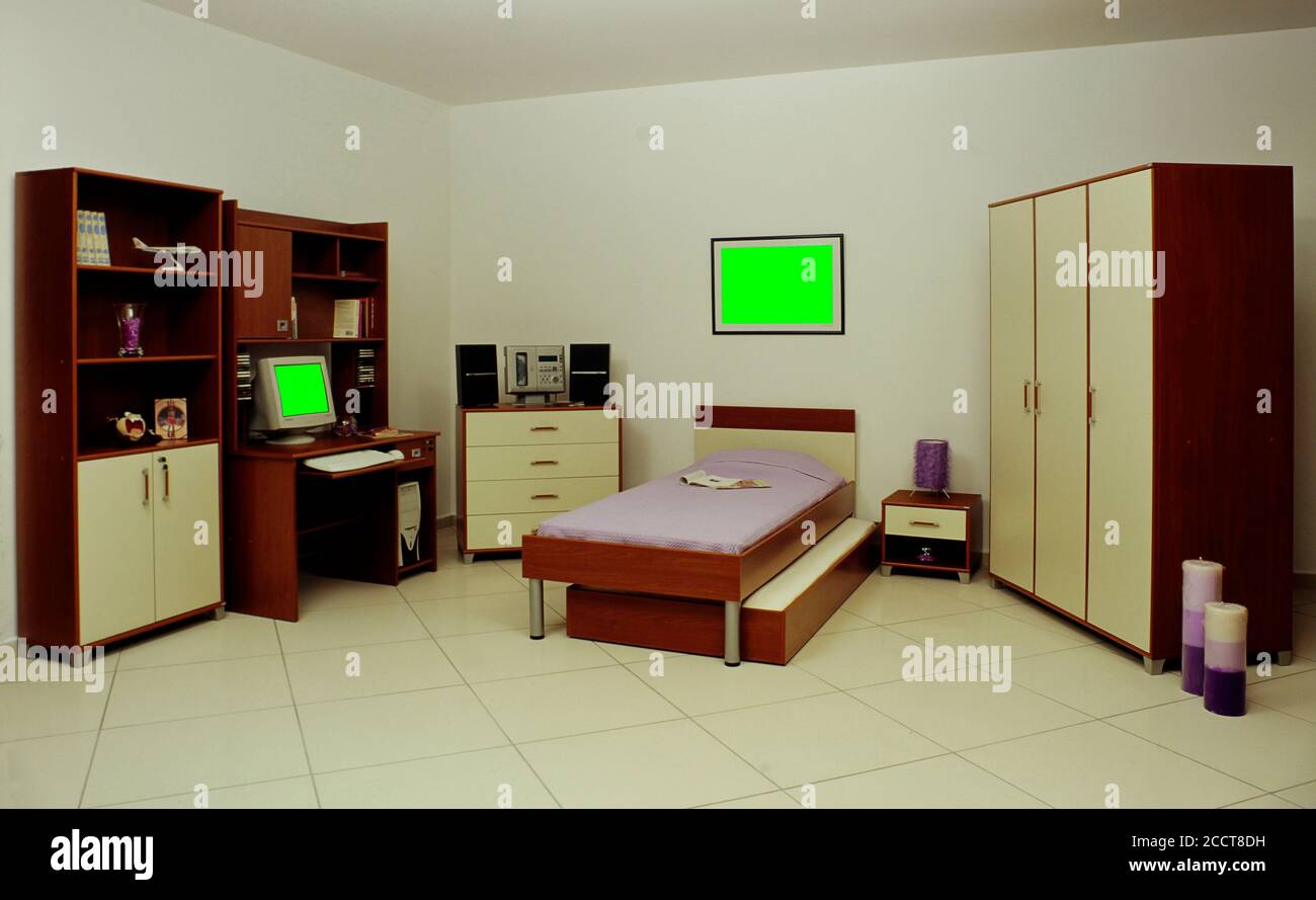 Desk, library, bed and wardrobe for children's rooms. Children study ...