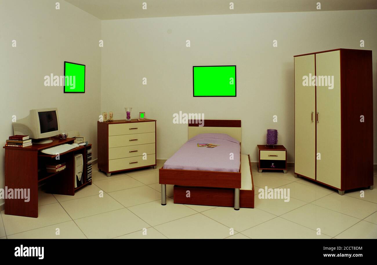 Desk, library, bed and wardrobe for children's rooms. Children study ...