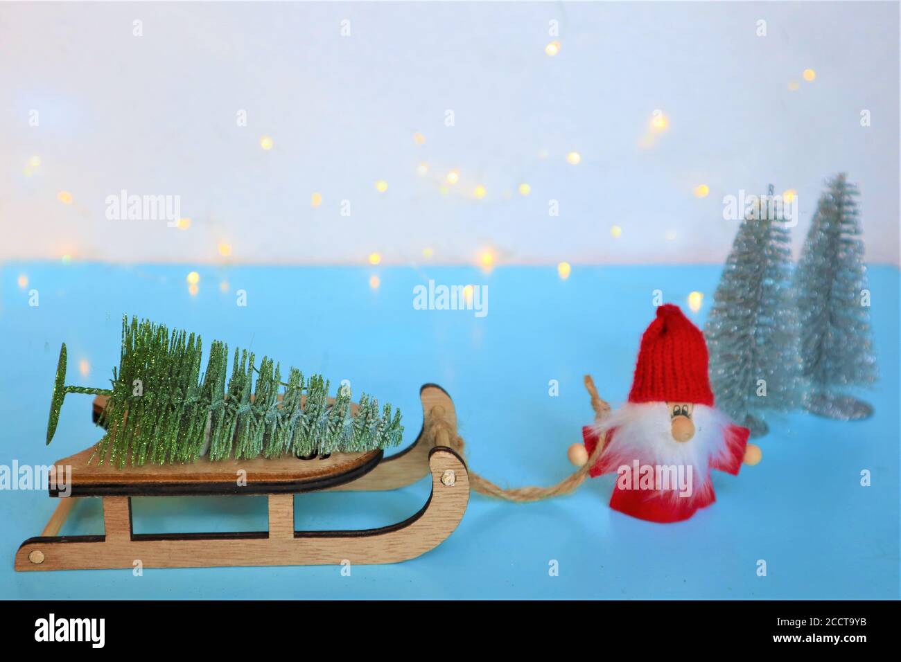 Christmas greeting card. Christmas Noel gnome with christmas tree on ...