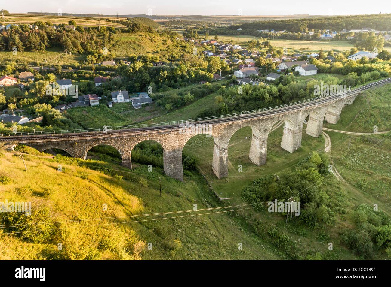 Aerial view of an old railway viaduct near Terebovlya village in ...