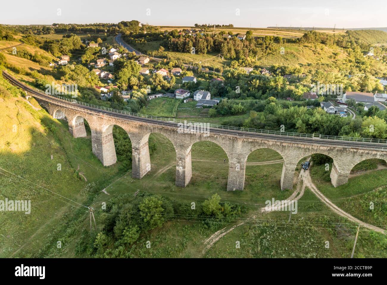 Aerial view of an old railway viaduct near Terebovlya village in ...