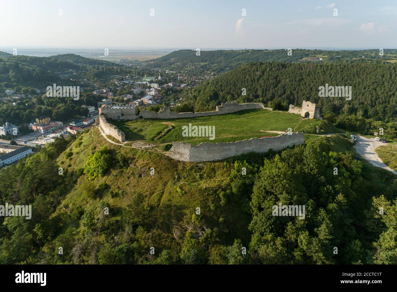 Aerial view of Kremenets castle ruins located on top of a hill in ...