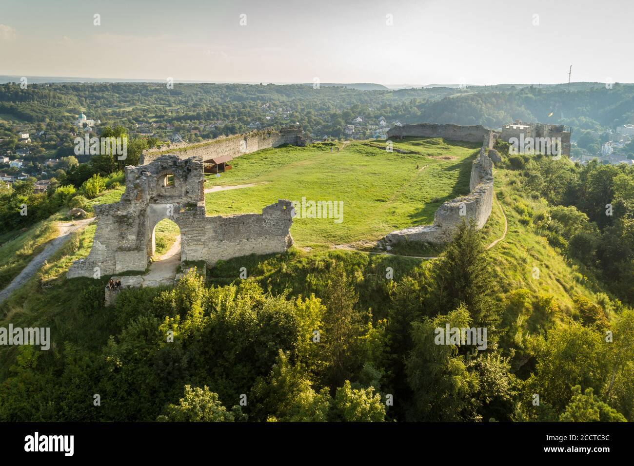 Aerial view of Kremenets castle ruins located on top of a hill in ...