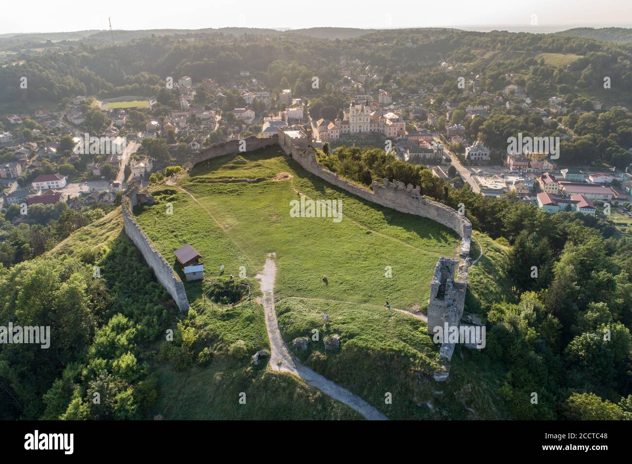 Aerial view of Kremenets castle ruins located on top of a hill in ...