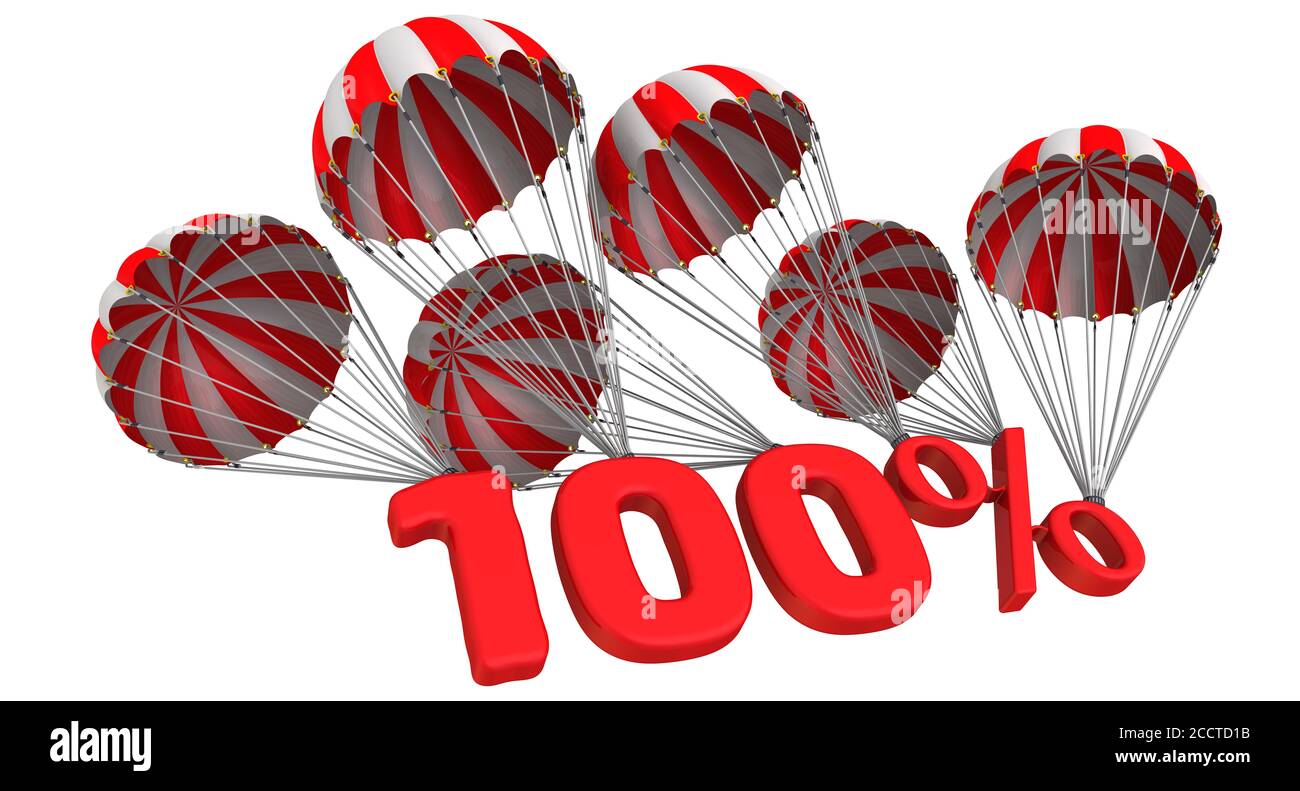One hundred percent is falling down on parachutes. Isolated. 3D ...