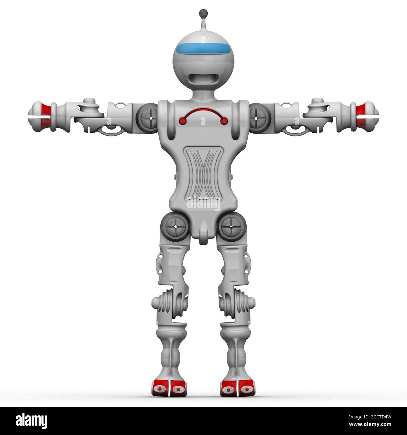 The cyborg. Humanoid robot standing on a white surface with arms raised ...