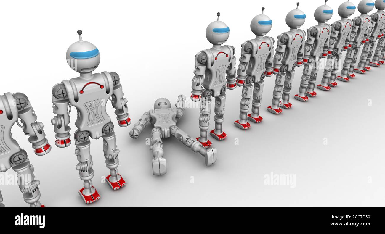 Defective Cyborg Humanoid Robots Standing In A Row On A White Surface