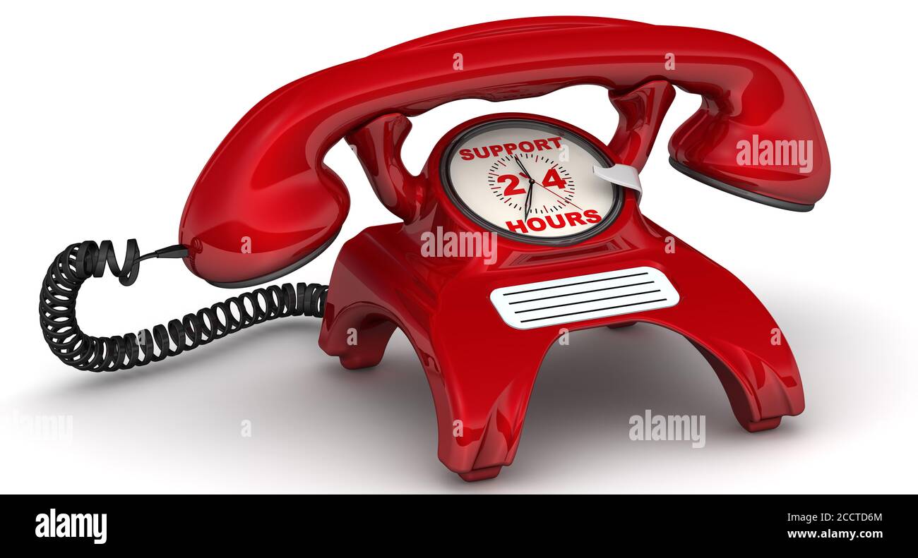 Support 24 hours. Red telephone with clock instead of disk dialer and ...