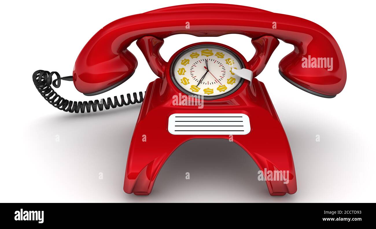 Tariff telephone communications. The concept. Red telephone with clock ...