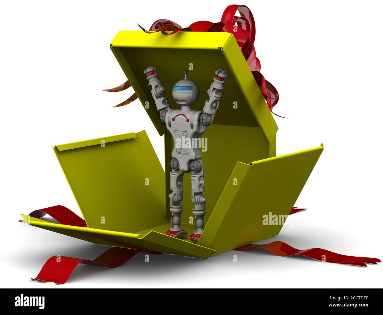 Cyborg as a gift. Humanoid robot breaks yellow gift box. 3D ...