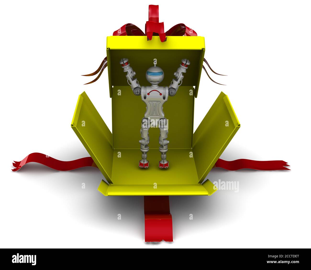 Cyborg as a gift. Humanoid robot breaks yellow gift box. 3D ...