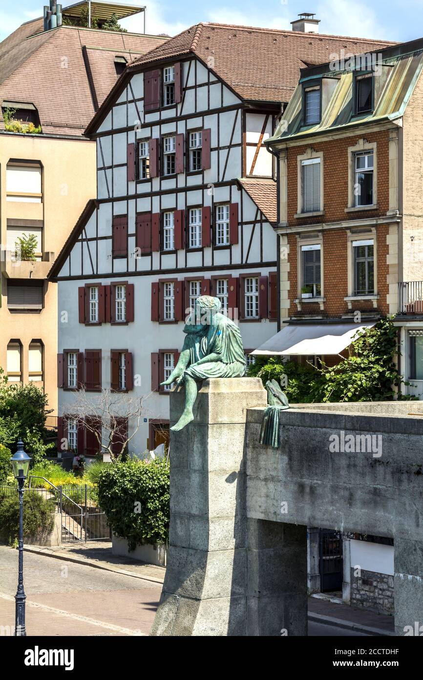 Basel, SWITZERLAND: Sitting Helvetia statue on the river Rhine in Basel ...