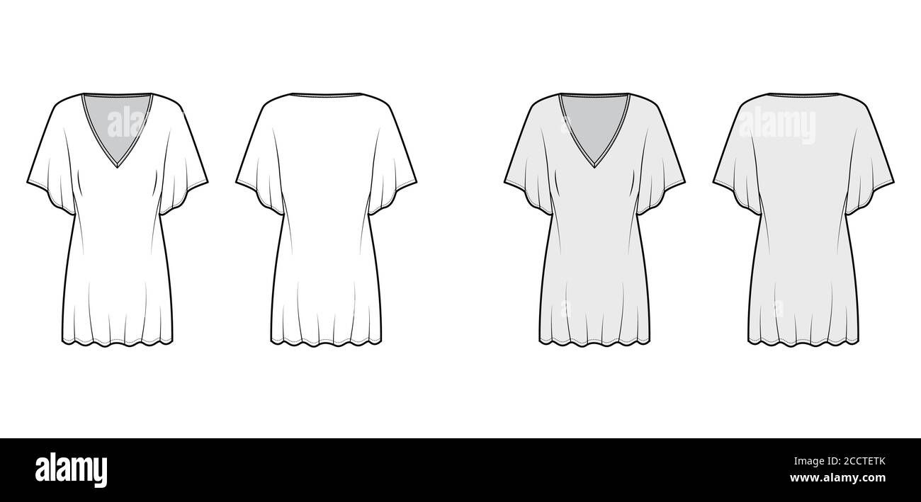 Kaftan dress technical fashion illustration with deep V-neck, batwing ...