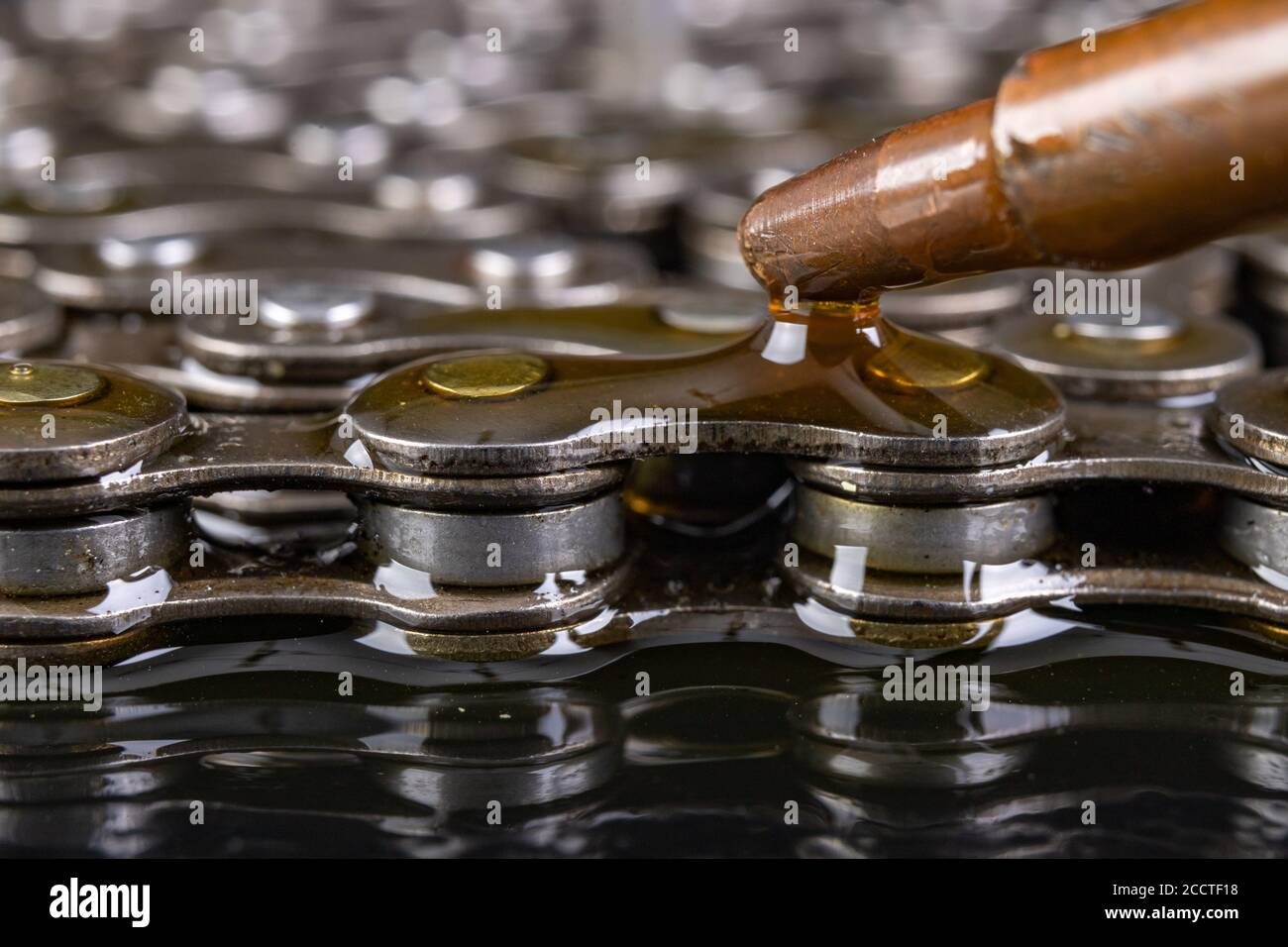 Lubricating the bicycle chain with oil from the oil can. Maintenance ...