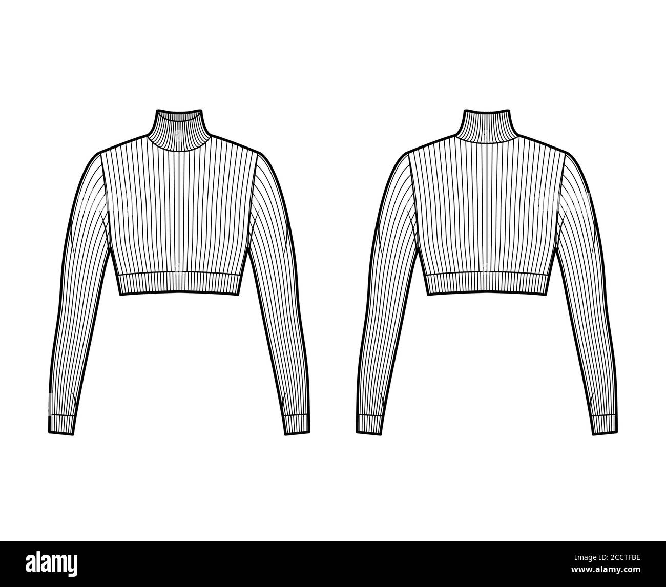 Cropped turtleneck ribbed-knit sweater technical fashion illustration ...