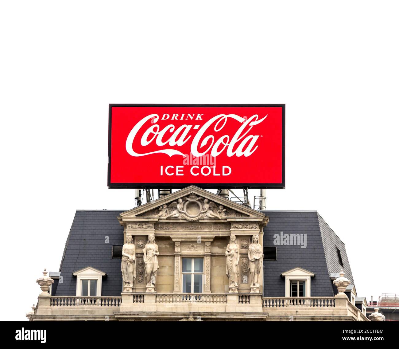 Brussels, BELGIUM - July 7, 2019: Large Coca Cola billboard on rooftop ...