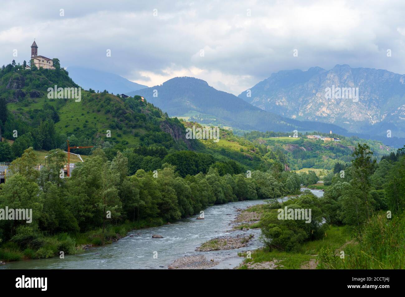 Mountain landscape along the cycleway of the Fiemme valley, in the ...