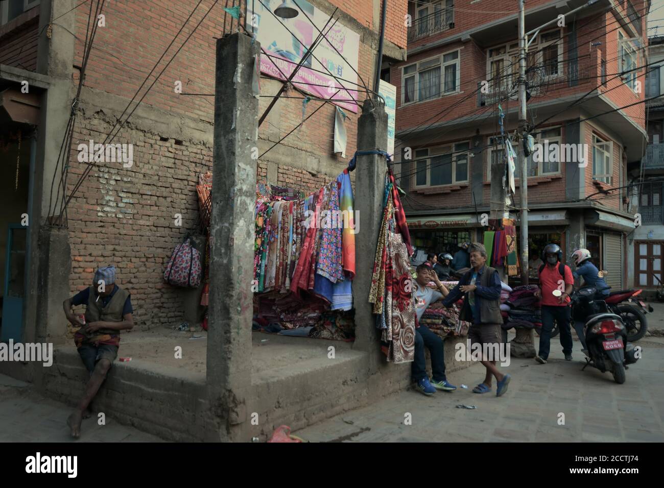 Street side shop of fabrics with traditional motifs in Kathmandu, Nepal ...