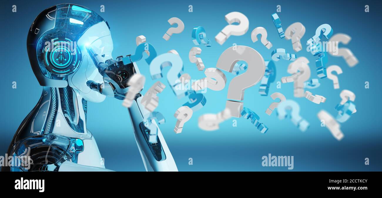 White robot on blurred background using digital question marks 3D ...