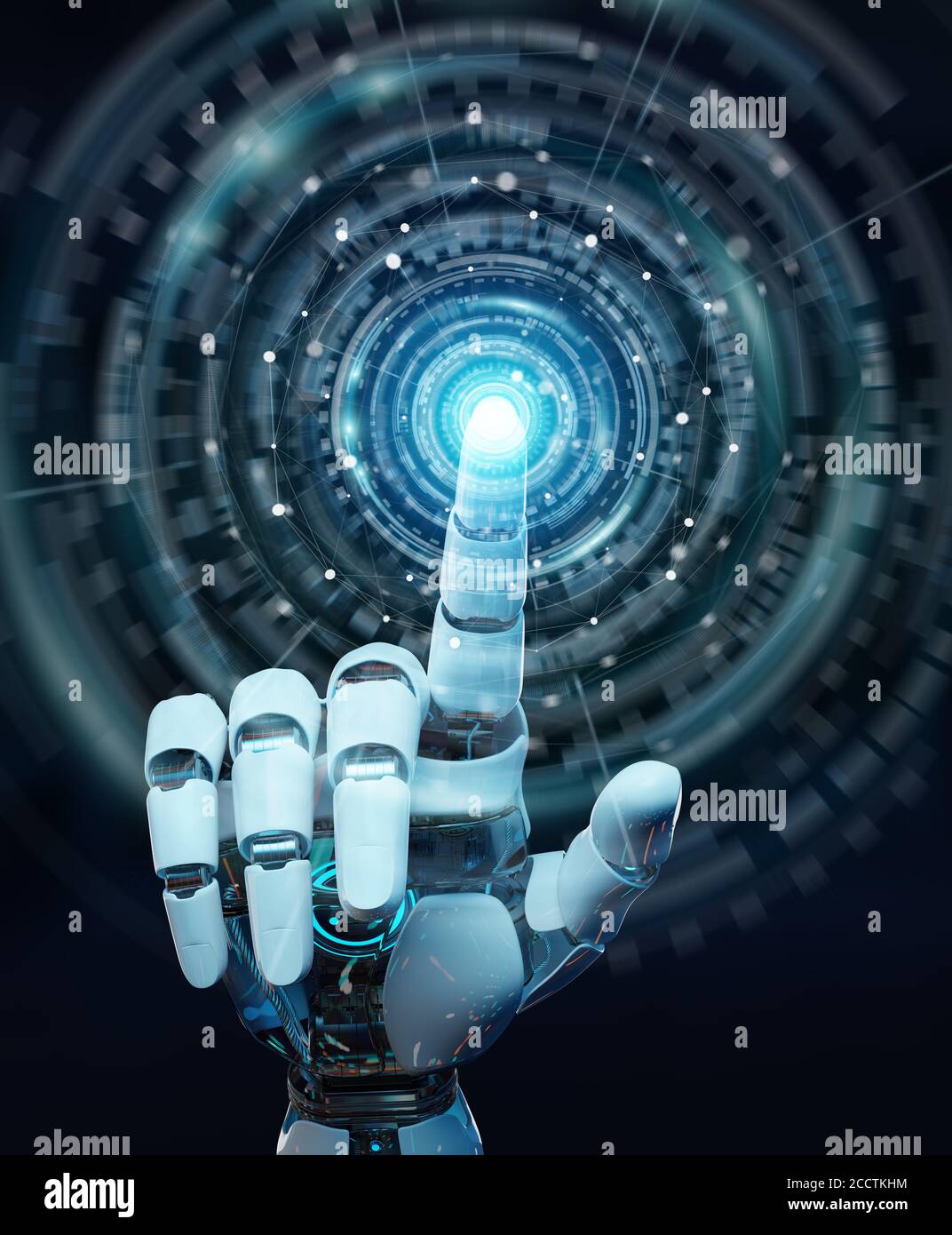 White humanoid hand on blurred background using digital global network ...